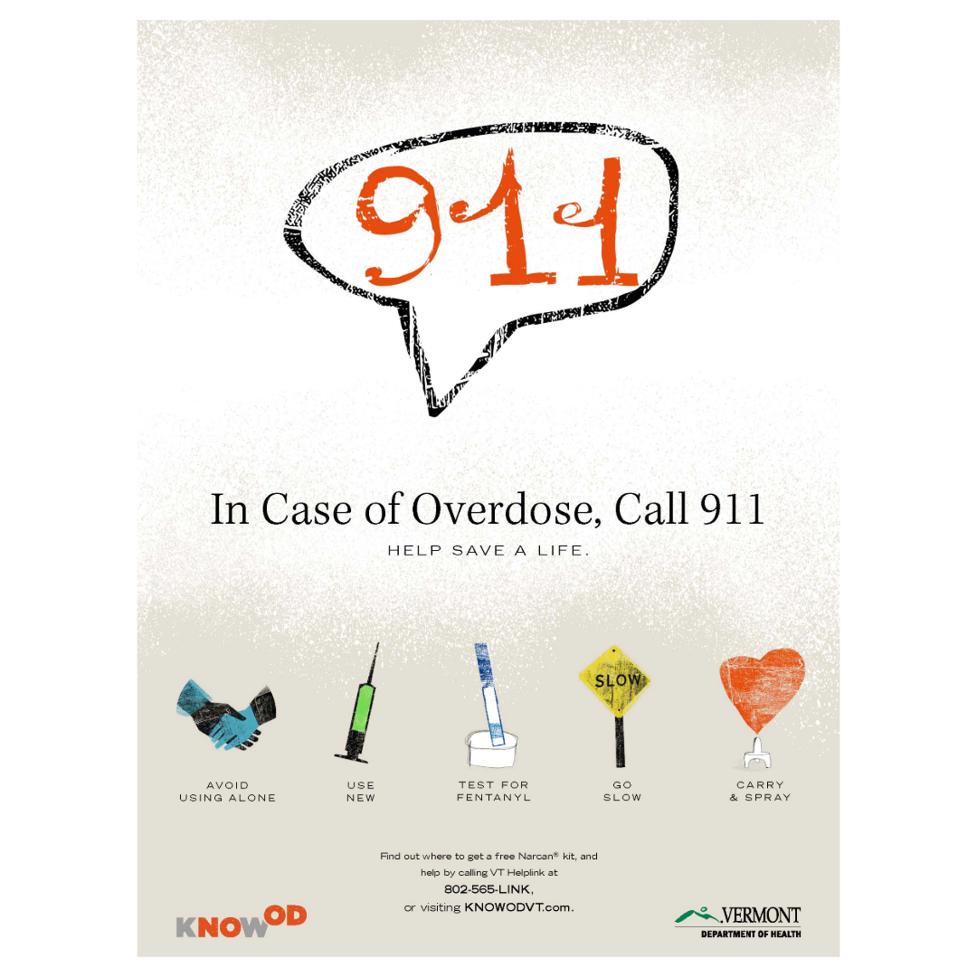 vadic.vthelplink.org: Know OD - In Case of Overdose, Call 911 Poster